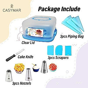 CASYMAR Portable Cake Carrier with 12 Cupcake Holder with Lid- Plastic Cake Containers with Lids Includes Knife & Accessories-Two Sided Base for Snacks Cookies Nuts Fruit etc-Suitable for 12-inch Cake