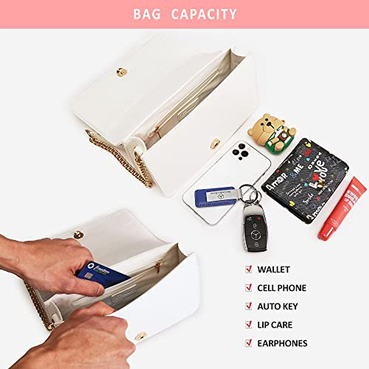 Like Dreams Fashion Crossbody Bag for Women Elegant Bowtie Vegan Leather Chain Meshed Long Strap Shoulder Purse (White)