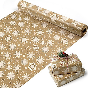 Christmas Wrapping Paper Roll, Brown Kraft Gift Wrapping Paper Jumbo Roll, Snowflake Christmas Wrapping Paper with Paper Rope, Christmas Wrapping Paper Roll for Girls Boys Women Men, 17x590 inch.