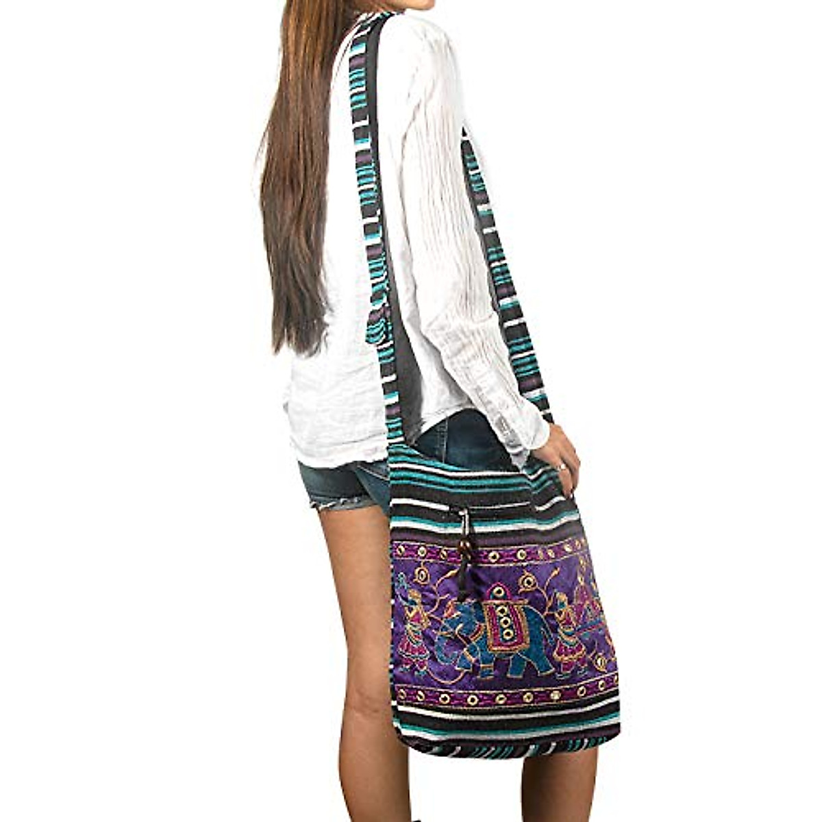 TribeAzure Elephant Hobo Shoulder Bag Cotton Sling Crossbody Handbag Boho Hippie Books Market Spacious Colorful Roomy Casual (Majestic Purple)