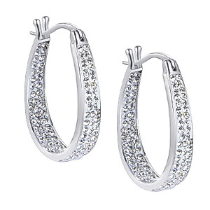 Crystal Hoop Earrings - Silver Plated Inside Out Oval Shape Hoop Earrings for Women, 1.2 Inch (White)