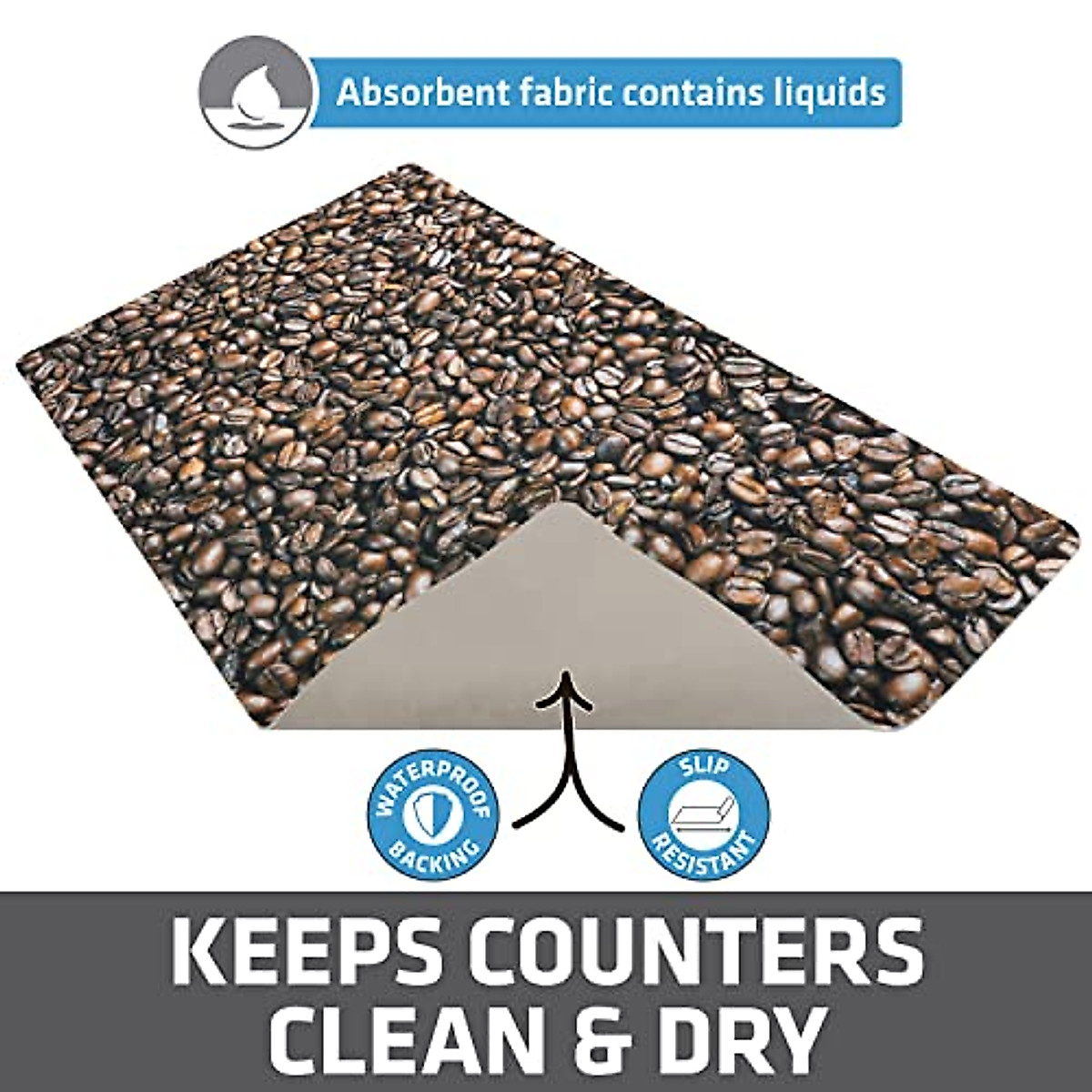 Drymate Coffee Maker Mat, (Coffee Station Bar Accessory) Protects Kitchen Countertops From Spills, Stains & Scratches - Absorbent/Waterproof/Machine Washable (USA Made) (12” x 20”) (Coffee Beans)