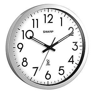 SHARP Atomic Analog Wall Clock - 12" Silver Brushed Finish Sets Automatically- Battery Operated Easy to Read Use: Simple, Style fits Any Decor