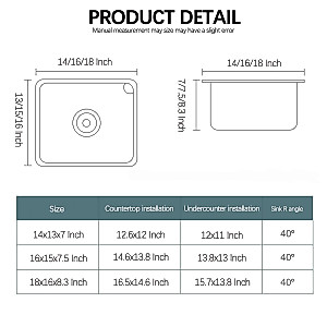 ECTbicyk Stainless Steel Bar Sink,16inch Single Bowl Kitchen Sink, Drop-in kitchen sink with Accessories（black）