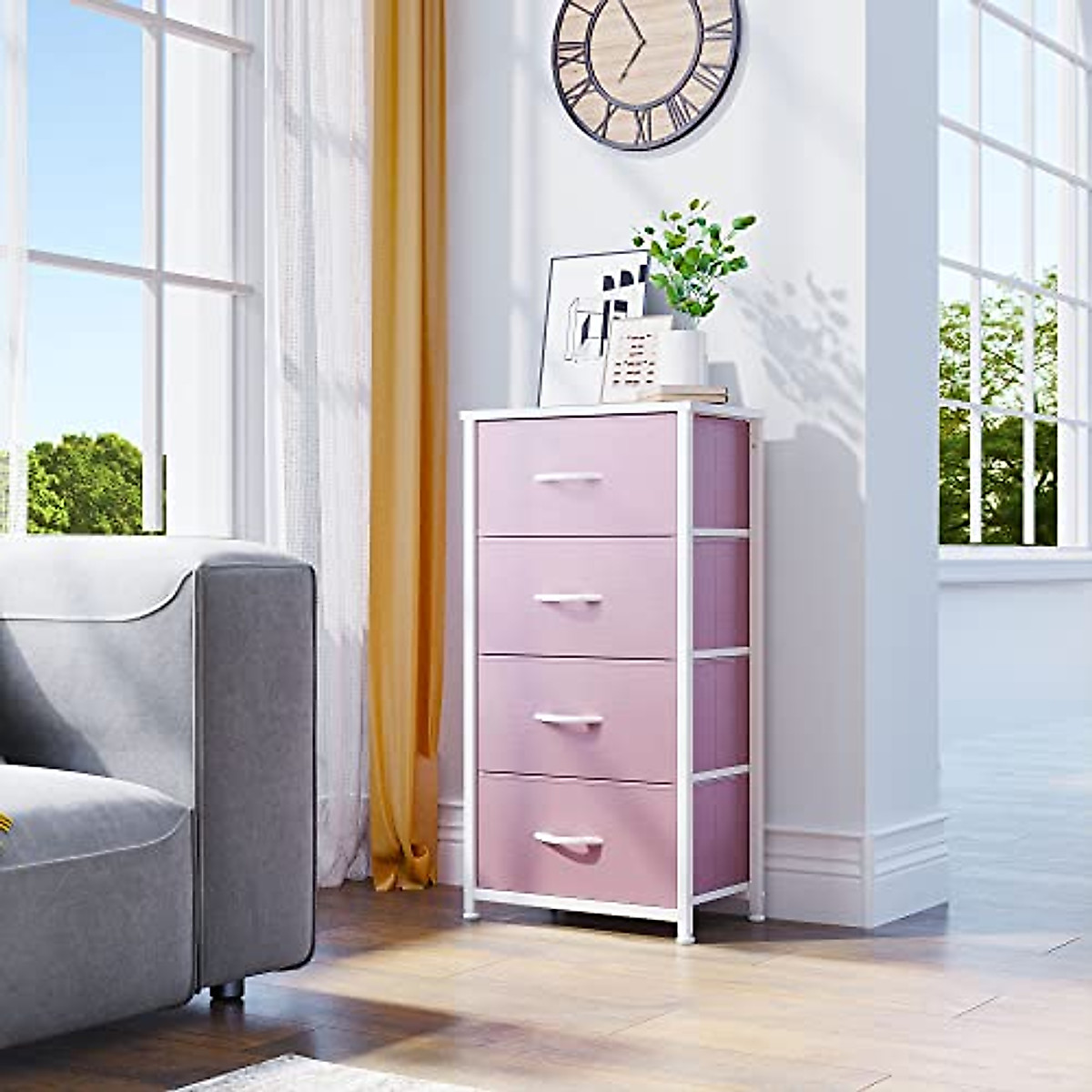 YITAHOME Dresser with 4 Drawers - Storage Tower Unit, Fabric Dresser for Bedroom, Living Room, Closets & Nursery - Sturdy Steel Frame, Wooden Top & Easy Pull Fabric Bins, Pink