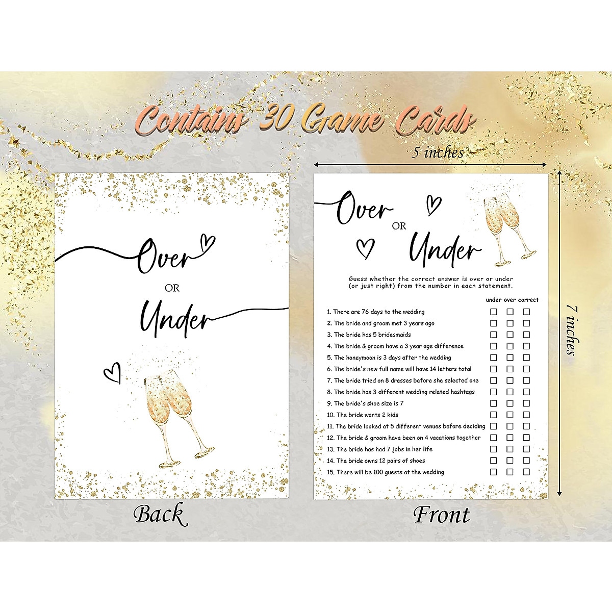 Over or Under Game Bridal Shower Games, Wedding Shower and Bachelorette Party - Set of 30 Cards, Gold Champagne Bridal Wedding Activities Game Cards for Guests, Bridal Shower Party Decorations-LI1