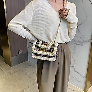 Aitian Designer Tweed Pearl Chain Purse - Fashion Crossbody Bags for Women and Shoulder Purses and Handbags Quilted Leather Designer Bags for Women Crossbody Bag with Chain