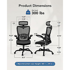 HUANUO Ergonomic Mesh Office Chair, High Back Desk Chair with Adjustable Lumbar Support & Headrest, Flip-Up Armrests, and Adjustable Height, Home Computer Chair with Tilt Lock Function