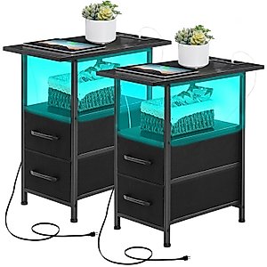 LAKEMID Narrow Side Table Set 2 with LED Light and USB C Port, Night Stand with Charging Station, Skinny End Table with 2 Fabric Drawers, for Bedroom, Living Room, Black