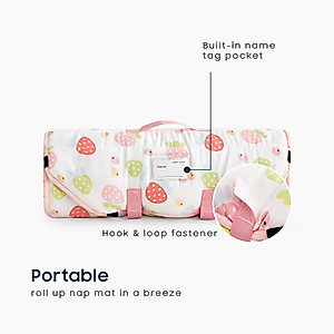 Wake In Cloud - Cot Nap Mat with Pillow and Blanket, for Toddler Kids Boys Girls in Daycare Kindergarten Preschool Pre K with Elastic Corner Straps, Cute Strawberry on Ivory