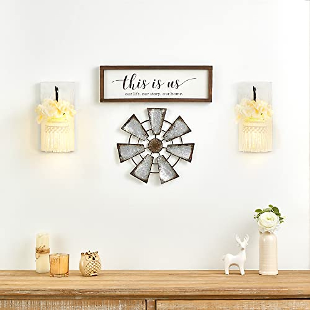 Mkono Mason Jar Sconces Farmhouse Wall Decor Boho Wall Sconces with Macrame Woven Art Decor and Fairy Lights Rustic Flower Mason jar Wall Decor for Kitchen Living Room Dining Room Hallway, Set of 2