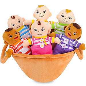 Qpewep Basket of Babies Plush Dolls, 8" Plush Diversity Baby Dolls- 6 Piece Set Interchangeable Clothes Stuffed Plush Figures for All Ages Easter Gift