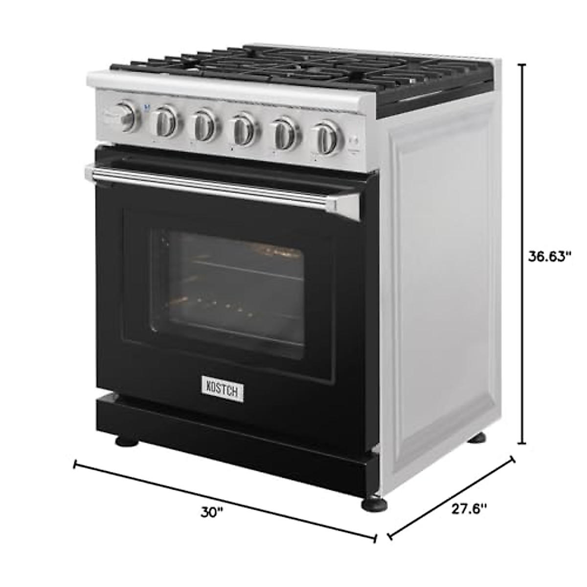 KOSTCH 30 inch Professional Freestanding Pro-Style Natural Gas Range or Liquid Propane Gas Range with 5 Burners, 4.55 cu.ft. Oven Capacity, in Stainless Steel - KOS-30RG03M (Black)