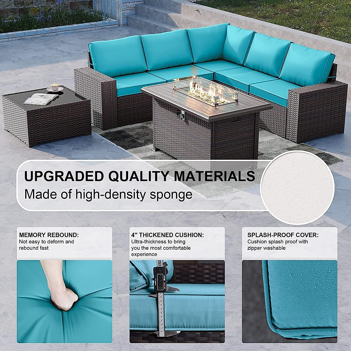 Kullavik 7 Pieces Outdoor Patio Furniture Set with 43" 55000BTU Gas Propane Fire Pit Table PE Wicker Rattan Sectional Sofa Patio Conversation Sets,Green Blue