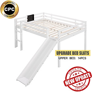 CITYLIGHT Full Size Loft Bed with Slide, Kids Low Loft Bed Frame with Chalkboard for Boys & Girls, Wood Full Slide Loft Bed with Under-Bed Space Storage (White, Full)