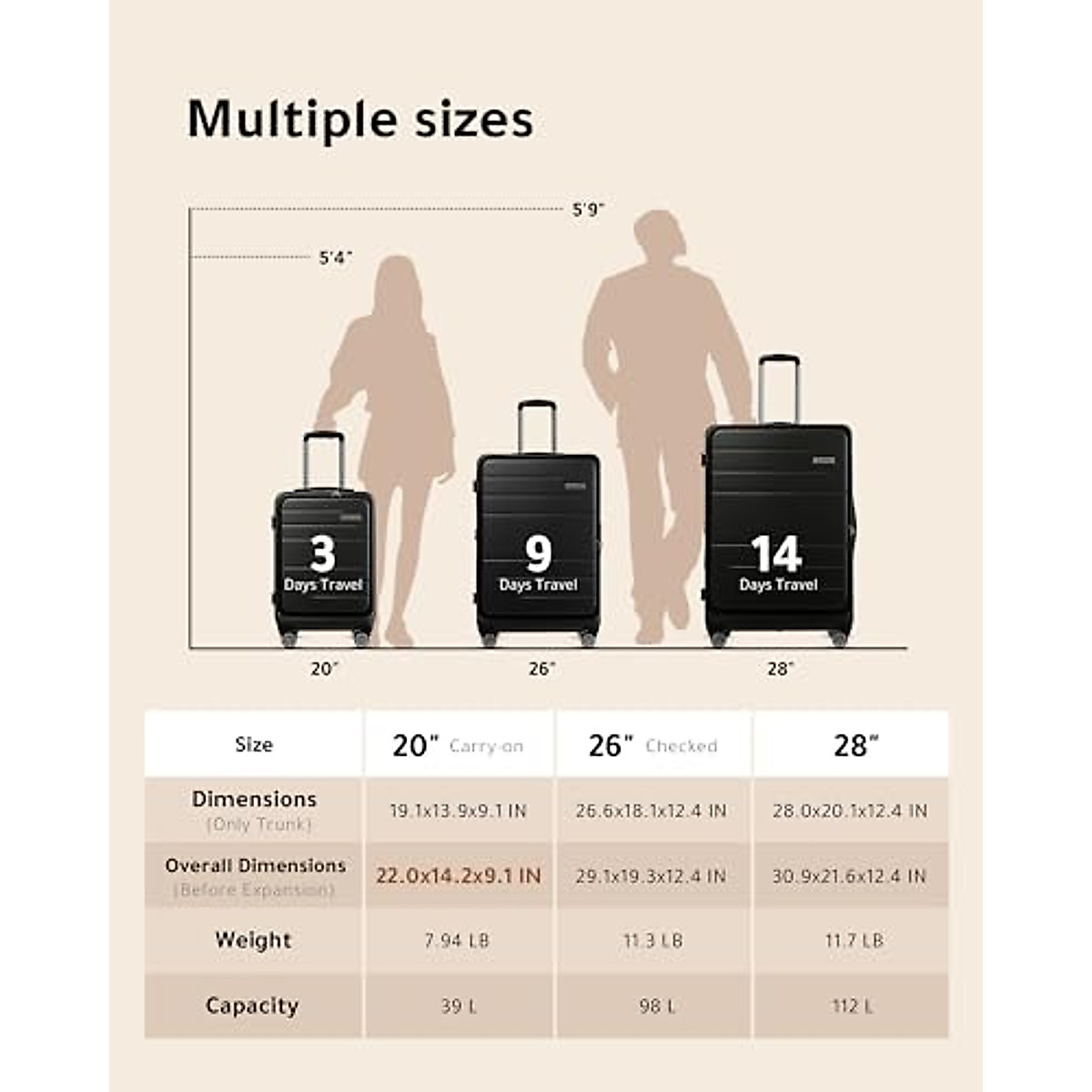 LUGGEX Carry On Luggage 22x14x9 Airline Approved with Laptop Compartment, PC Hard Shell Luggage with USB Port, Black Suitcase with Spinner Wheels