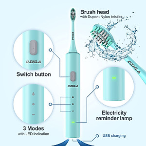 Sonic Electric Toothbrush, 3 Modes Rechargeable Tooth Brush with 8 Dupont Bristles, Smart Timer, Whitening Electric Toothbrushes for Adults and Kids (Green)