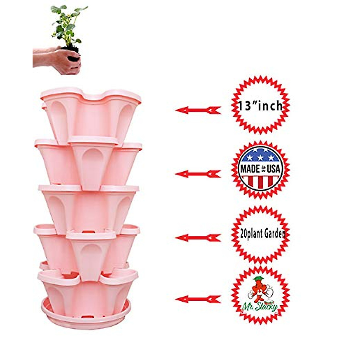 5-Tier Pink Strawberry and Herb Garden Planter - Stackable Gardening Pots with 10 Inch Saucer