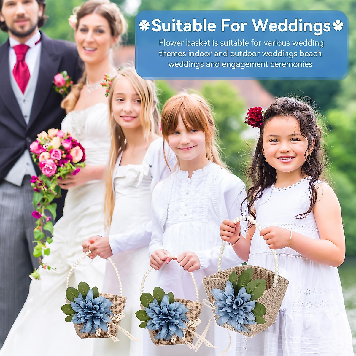 Rustic Flower Girl Basket, Vintage Burlap Flower Basket with Pearl Handle Jute Wedding Flower Girl Basket for Wedding Ceremony Bride Flower Girl Basket