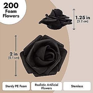 200 Pack Black Roses Artificial Flowers for Decoration, Stemless Fake Foam Rose Heads for Bridal Shower, Wedding (2 Inches)