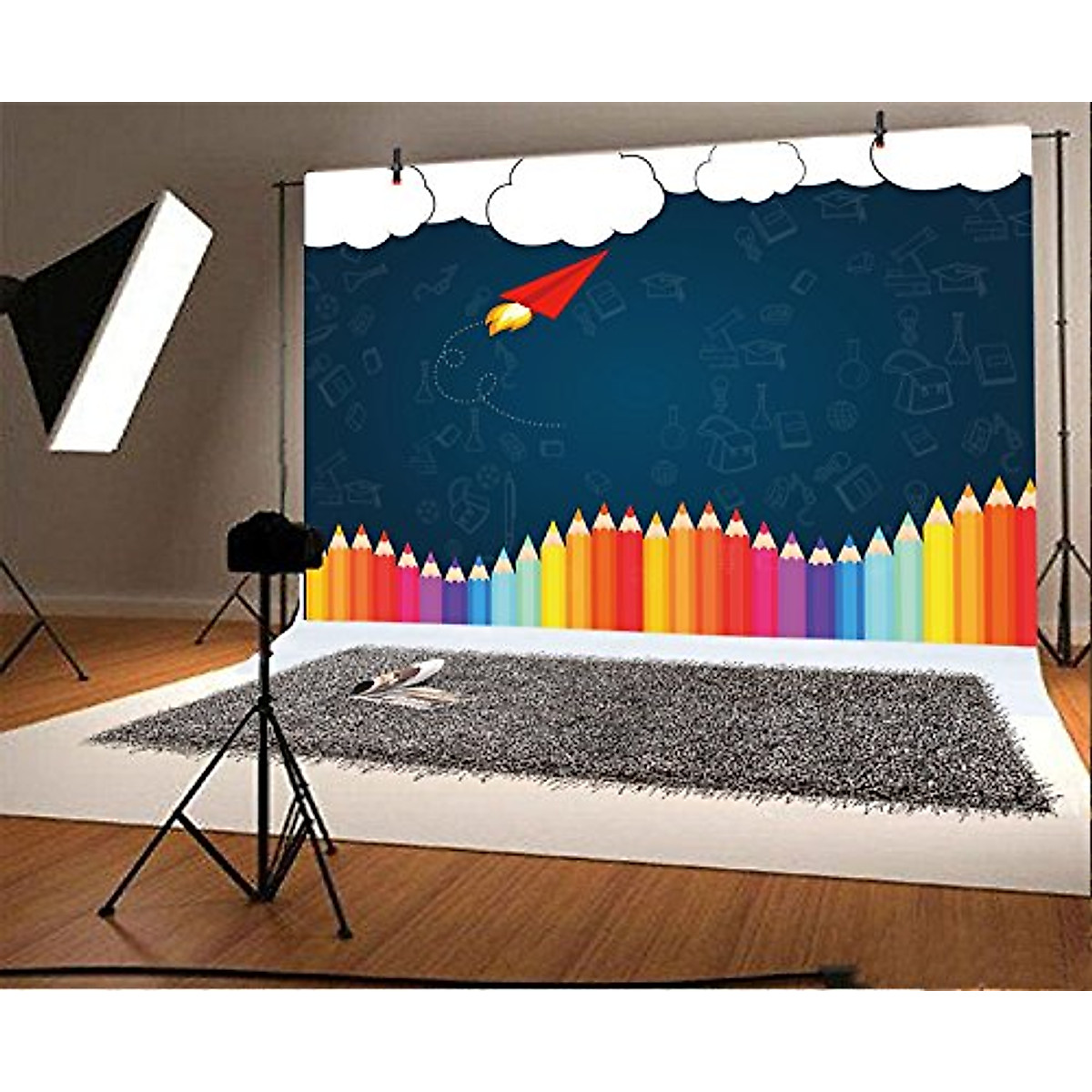 Leyiyi 8x6ft Welcome Back to School Photography Background Old Classroom Chalk Board Blackboard Colored Pens Back Season Grunge Gaffiti Paper Plane Backdrop Students Photo Portrait Vinyl Studio Prop