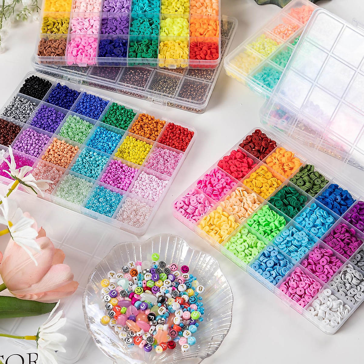 TINY FUN 6 Boxes 16800pcs 72 Colors Clay Beads and 48 Colors Glass Seed Beads for Friendship Bracelets Making Kit Heishi Beads with Letters Beads