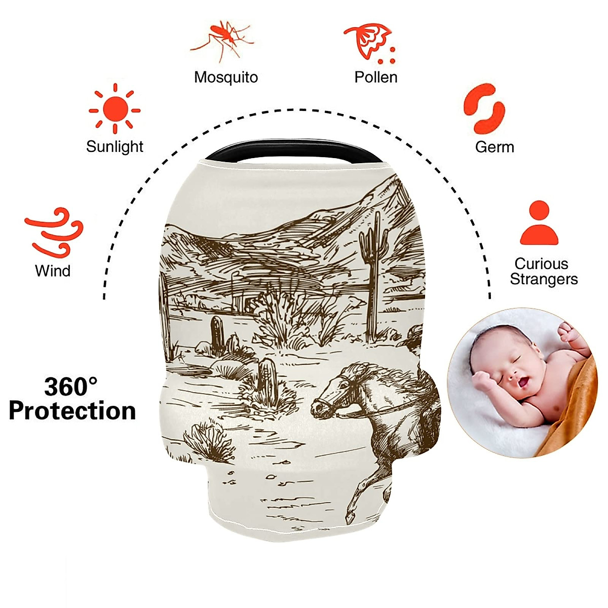 xigua Soft Baby Car Seat Covers Canopy for Infants Strollers Canopies for Newborns Babies Nursing Apron Cover for Breastfeeding, Western Desert Cowboy