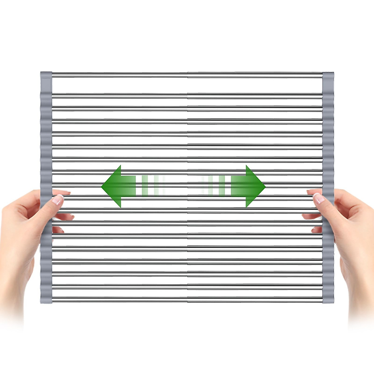 Sindax Roll Up Dish Drying Rack, 23‘’x13'' Stretchable Stainless Steel Over The Sink Dish Rack Multifunctional Foldable Over Sink Rack with Utensil Holder for Kitchen