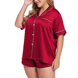 SWOMOG Womens Satin Plus Size Pajamas Silk Button Down Shorts Set Pajama Shorts 2Pcs Short Sleeve Pjs Sets Loungewear Red