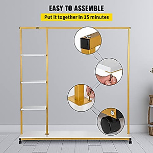 VEVOR Clothing Garment Rack, 59.1"x14.2"x63.0", Heavy-duty Clothes Rack w/ Bottom Shelf & Extra 3 Side Shelves, 4 Swivel Casters, Rolling Clothes Organizer for Laundry Room Retail Store Boutique, Gold