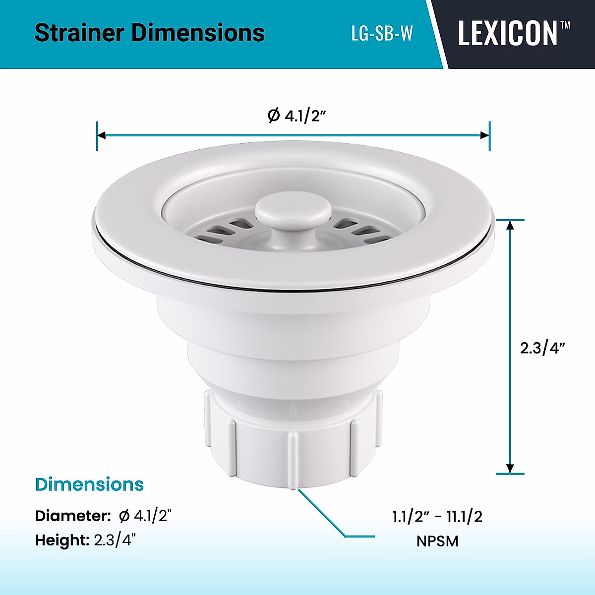 Lexicon Quartz Kitchen Sink Strainer with White Finish, Fits 3.5 Inch Drain Hole LG-SB-W
