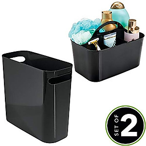 mDesign 2 Piece Combo - Plastic Trash Can & Bathroom Caddy - For Bathroom - Store and Organize Bathroom - Divided Basket Bin with Handle for Bathroom - Set of 2 - Black