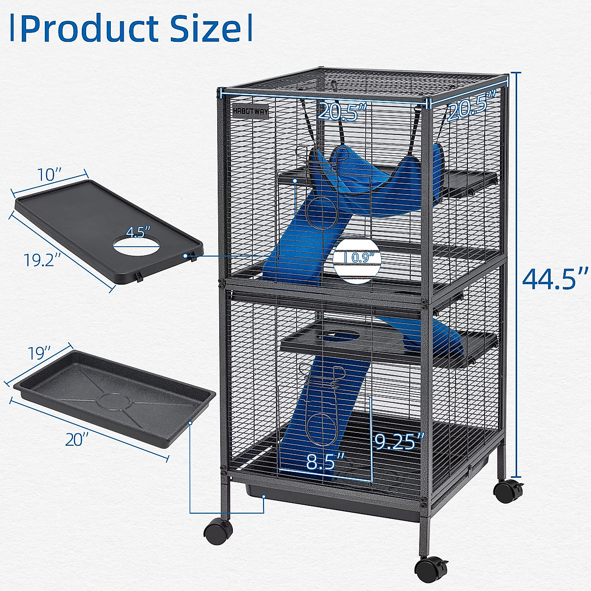 HABUTWAY 45''H Metal Small Animal Cages, Rolling Chinchilla Cage with Removable Ramps, Lagre Critter Nation Cage for Chinchillas/Guinea Pigs/Rabbit, Ferret Cages with Hammock & 4 Tiers, Black