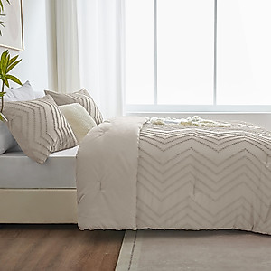 CozyLux Twin/Twin XL Size Comforter Set Beige - 1 Pieces Boho Tufted Shabby Chic Bedding Comforter Set for All Seasons, Chevron Bedding Sets with Comforter & 1 Pillow Shams