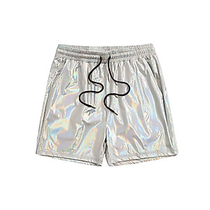 WDIRARA Men's Metallic Shiny Sparkly Drawstring Waist Shorts with Pockets Silver Reflective S