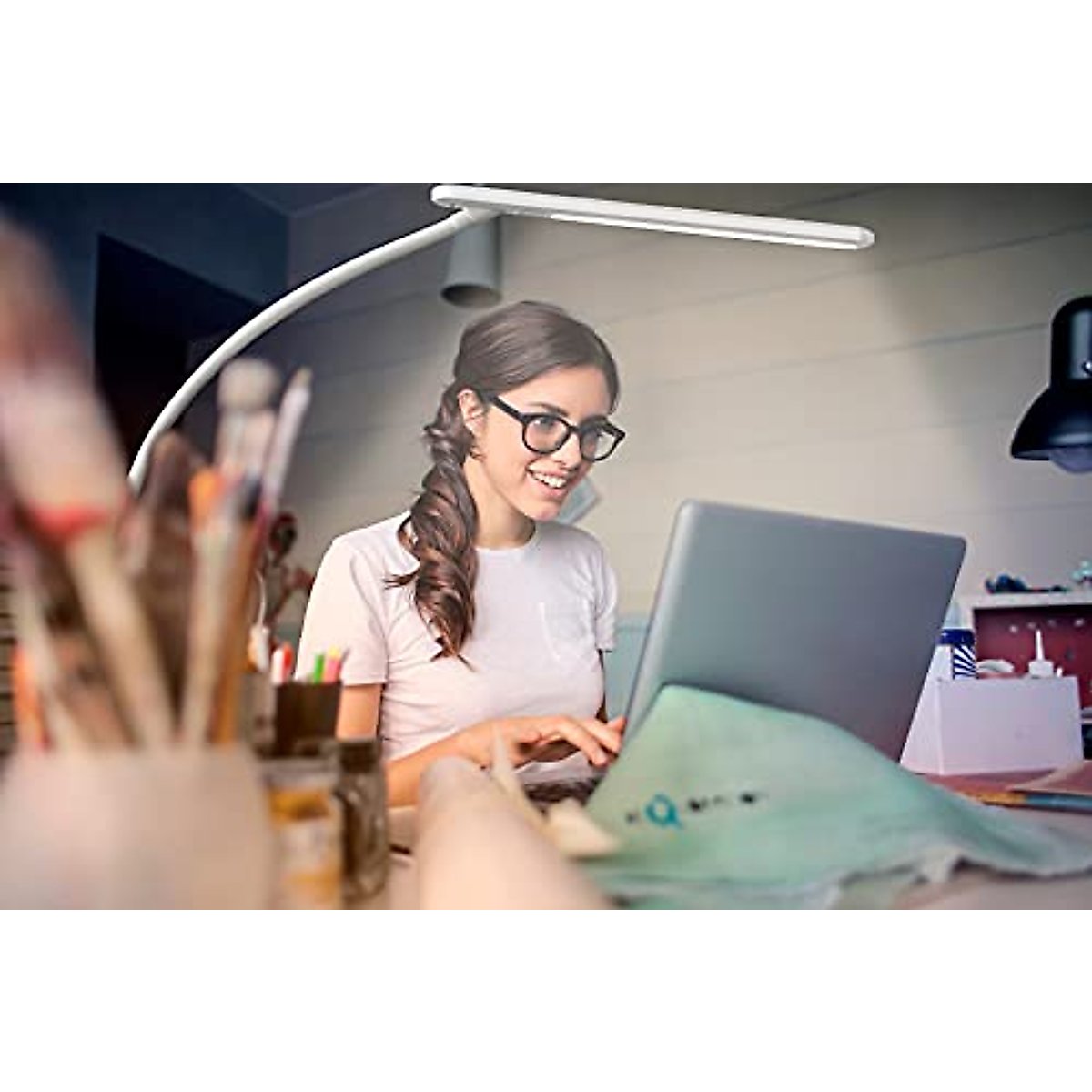 BOLOWEI LED Desk Lamp with Clamp Small White Desk Lamp for College Dorm Room, 6-Level Dimmable 5 Color Modes Swing Arm Daylight Table Lamp Touch Control Home Office Study/Reading/Drawing 10W