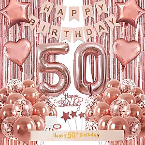 RUBFAC 50th Birthday Decorations for Women, Rose Gold 50 Birthday Party Decoration for Her, Happy 50th Birthday Banner,Fringe Curtain, Sash, Cake Topper And Number Balloon