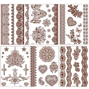 Henna Tattoos, Henna Temporary Tattoos Brown Waterproof Tattoo stickers for Women Wedding Party Festivals, & Parties Decoration Suppliers 6Sheets…