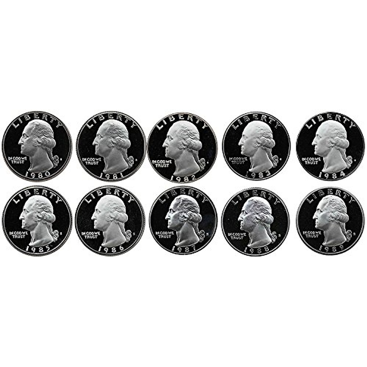 1980 S - 1989 Washington Quarters Gem Proof Run 10 Coins US Mint Decade Lot Complete 1980's Set Proof