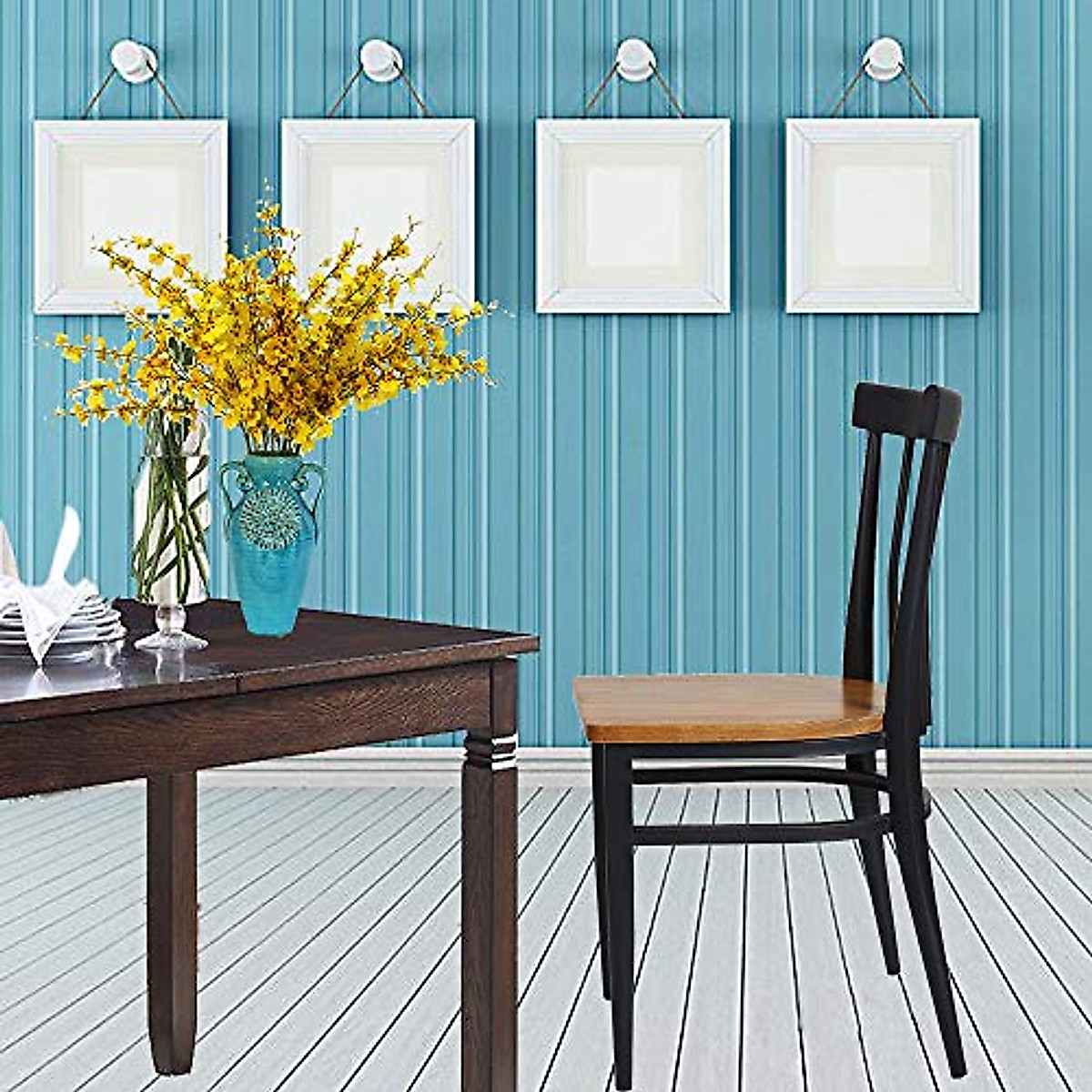 Livebest 2 Packs Slat Back Dining Chairs Metal Leg Side Chairs with Wood Seat,Stackable Fully Assembled Modern Furniture for Retro Bistro Kitchen Cafe,Black