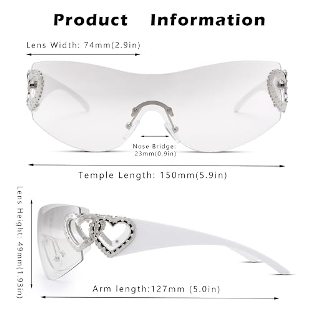 Pro Acme Y2K Rimless Sunglasses Womens Wrap Around Star 2000s Trendy Visor Shield Shades Oversized Fashion Frameless Glasses UV400(White/Gradient Silver)