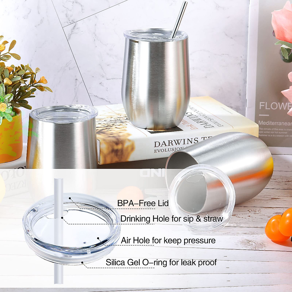 20 Packs Wine Tumblers Insulated Cups with Lids, 12 oz Stainless Steel Stemless Wine Tumblers Double Layer Vacuum Wine Glasses Tumbler Cup Coffee Mug for Hot Cold Drink