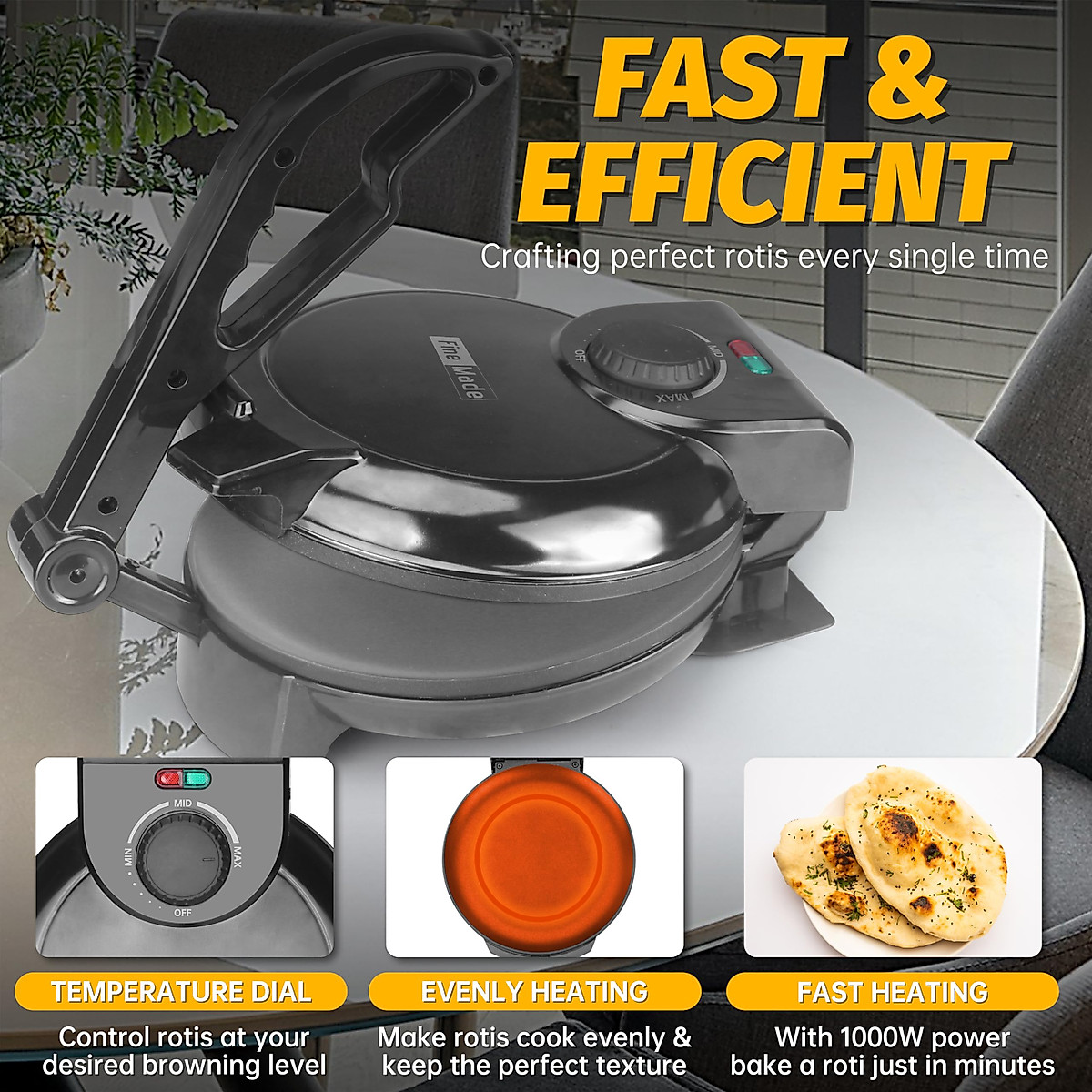 FineMade 8'' Electric Tortilla Maker Machine, Compact Roti Maker, Maquina Para Hacer Tortillas, Electric Tortilla Press, Prensa Para Tortillas, Crepe Maker, Recipe Included, Matte Black