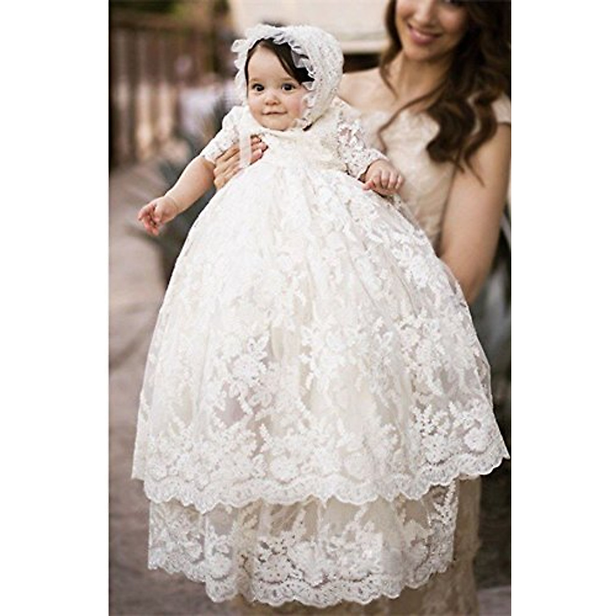 Long Ivory Christening Gown for Baby Girls Lace Baptism Dress with Bonnet 6M