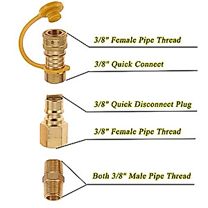 Guofulda 3/8 Inch Natural Gas Quick Connect Fittings, LP Gas Propane Hose Quick Disconnect Kit, Brass Propane Grill Connector Adapter, 3/8” Male Pipe NPT Thread x 3/8” Female Pipe Thread