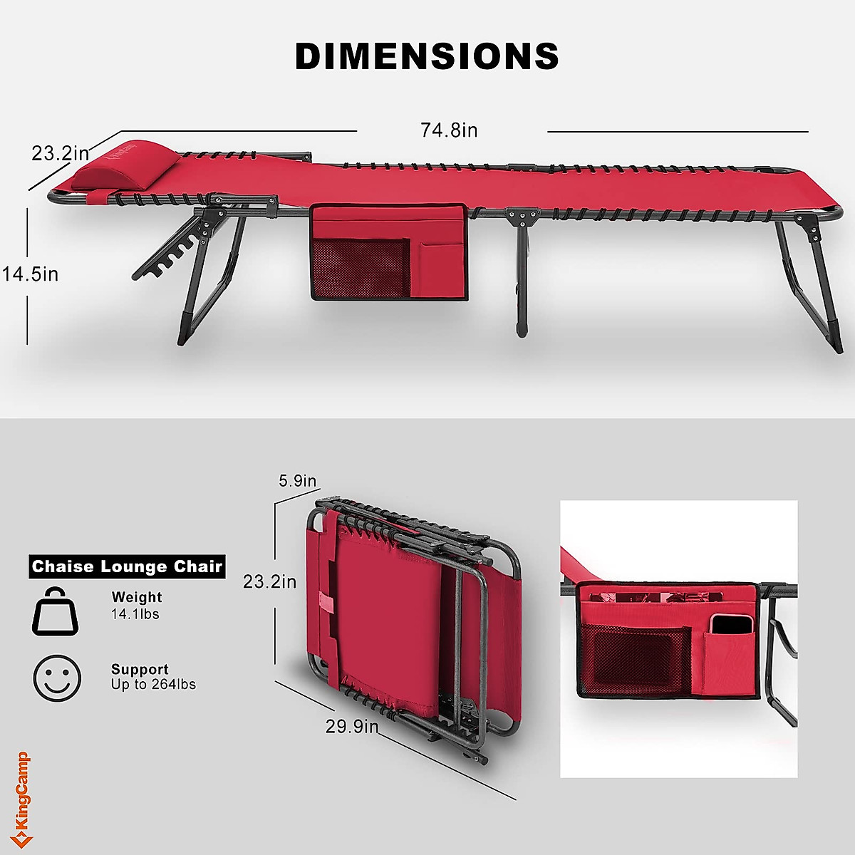 KingCamp Patio Chaise Lounge Chairs Reclining Folding Adjustable Outside with Pillow Lawn Pool Beach Sunbathing Camping Cot Outdoor, 74.8''x23.2''x14.5'', Crimson