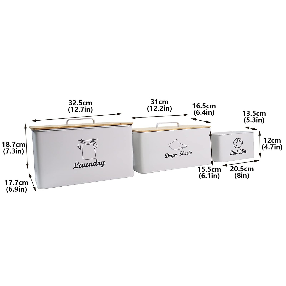 Gdfjiy 3-in-1 Set for Laundry Room Organization, Laundry Powder Container Dryer Sheet Holder & Lint Bin, Dryer Sheet Dispenser Metal Laundry Pods Holder Airtight Lid, Laundry Room Decor - White