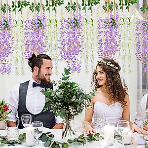 Artificial Wisteria Hanging Flowers 3.6 ft Artificial Fake Wisteria Vine Rattan Hanging Garland Silk Flowers String for Wall Home Wedding Party Greenery Decorations (Purple, White,24 Pcs)