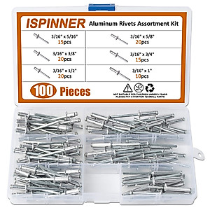 ISPINNER 100pcs 6 Sizes Aluminum Blind Rivets, Pop Rivets Assortment Kit 3/16" x (5/16" 3/8" 1/2" 5/8" 3/4" 1")(Silver)