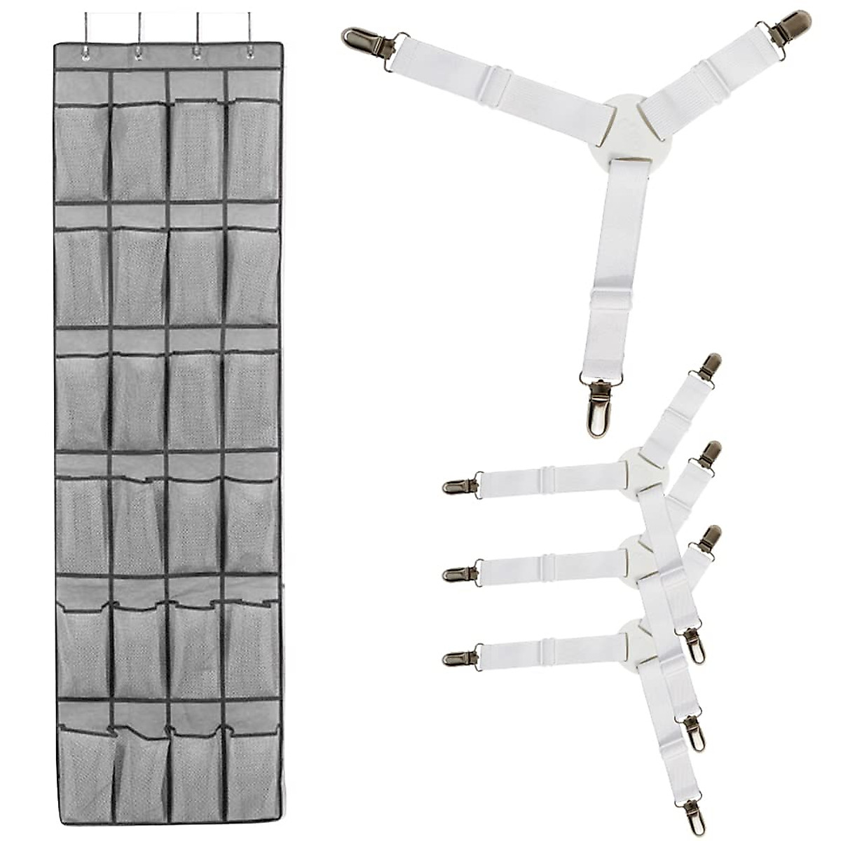 Gorilla Grip Breathable Mesh Large 24 Pocket Shoe Organizer and Nonslip Bed Sheet Straps 4 Pack, Holds Up To 40 Pounds Gray, Over Door, Sheet Straps in White, Easy Install, 2 Item Bundle